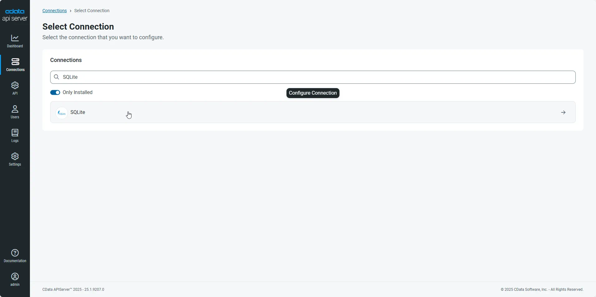 Selecting a data source (SQLite is shown)